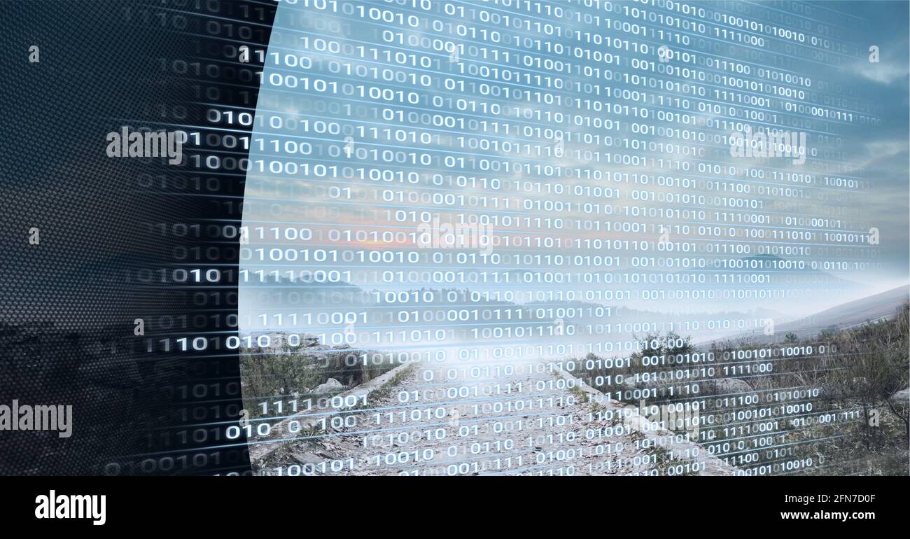 Composition of binary coding over countryside landscape Stock Photo - Alamy