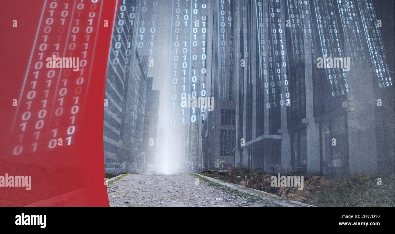 Composition Of Binary Coding Over Cityscape With Red Curved Banner