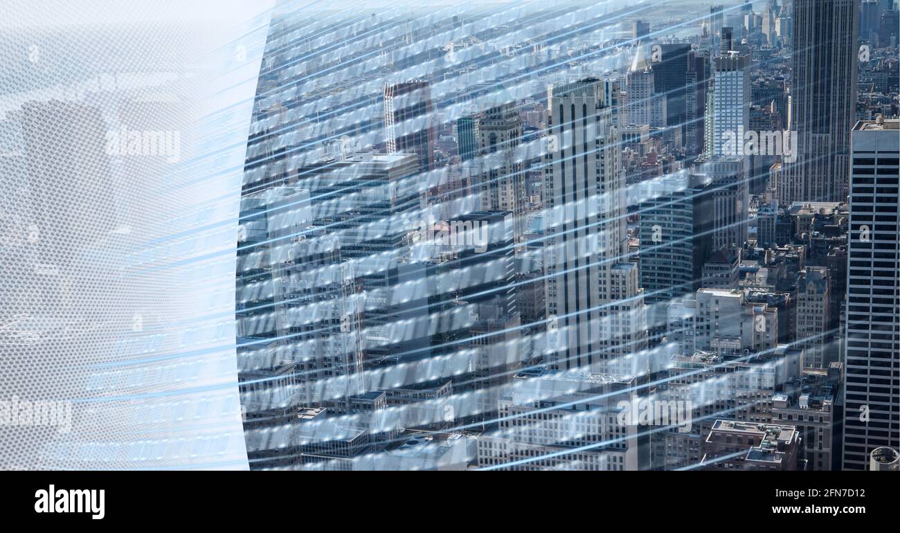 Composition of binary coding with white curved banner over cityscape Stock Photo - Alamy