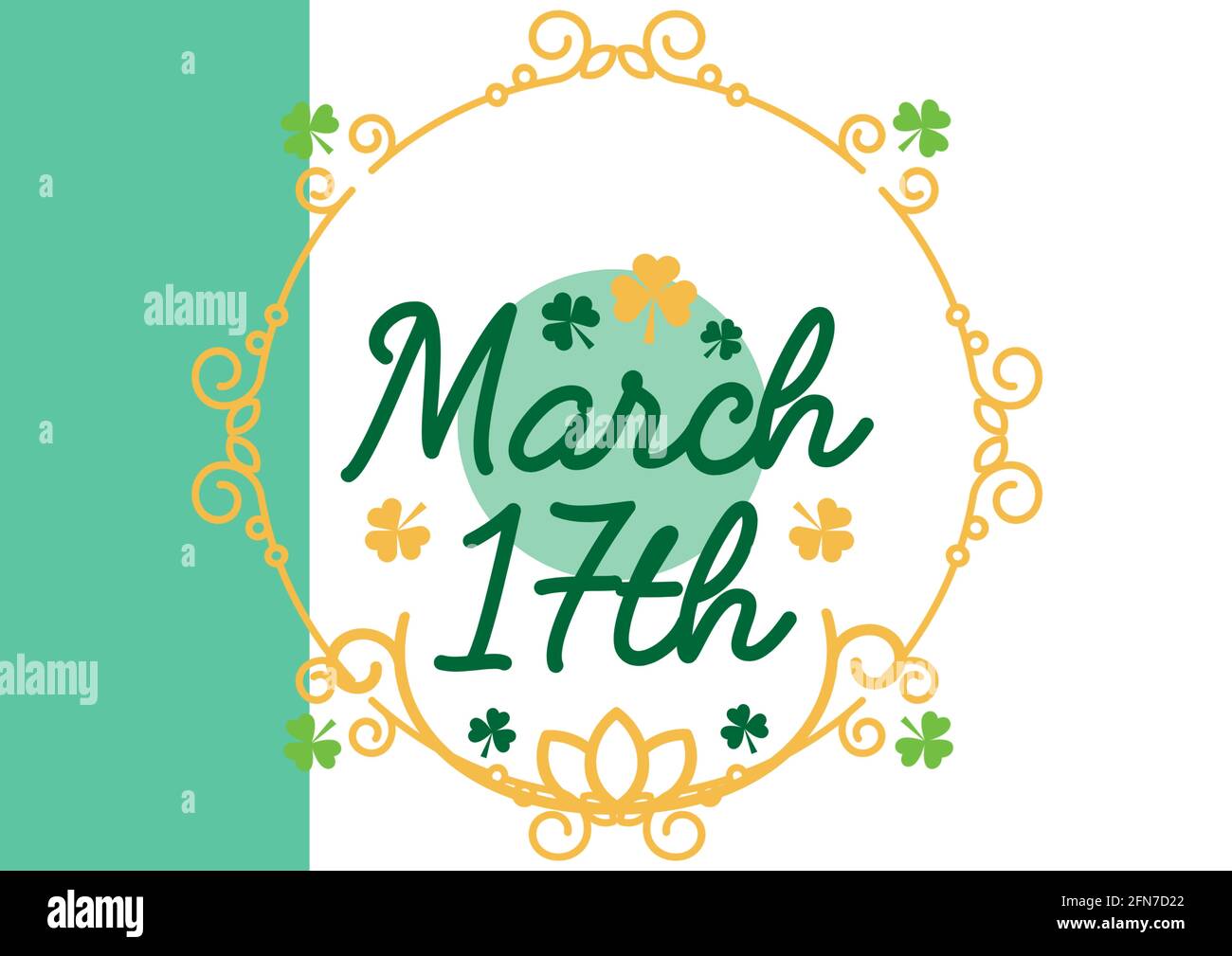 Composition of march 17th text on circle in yellow frame with clover on ...