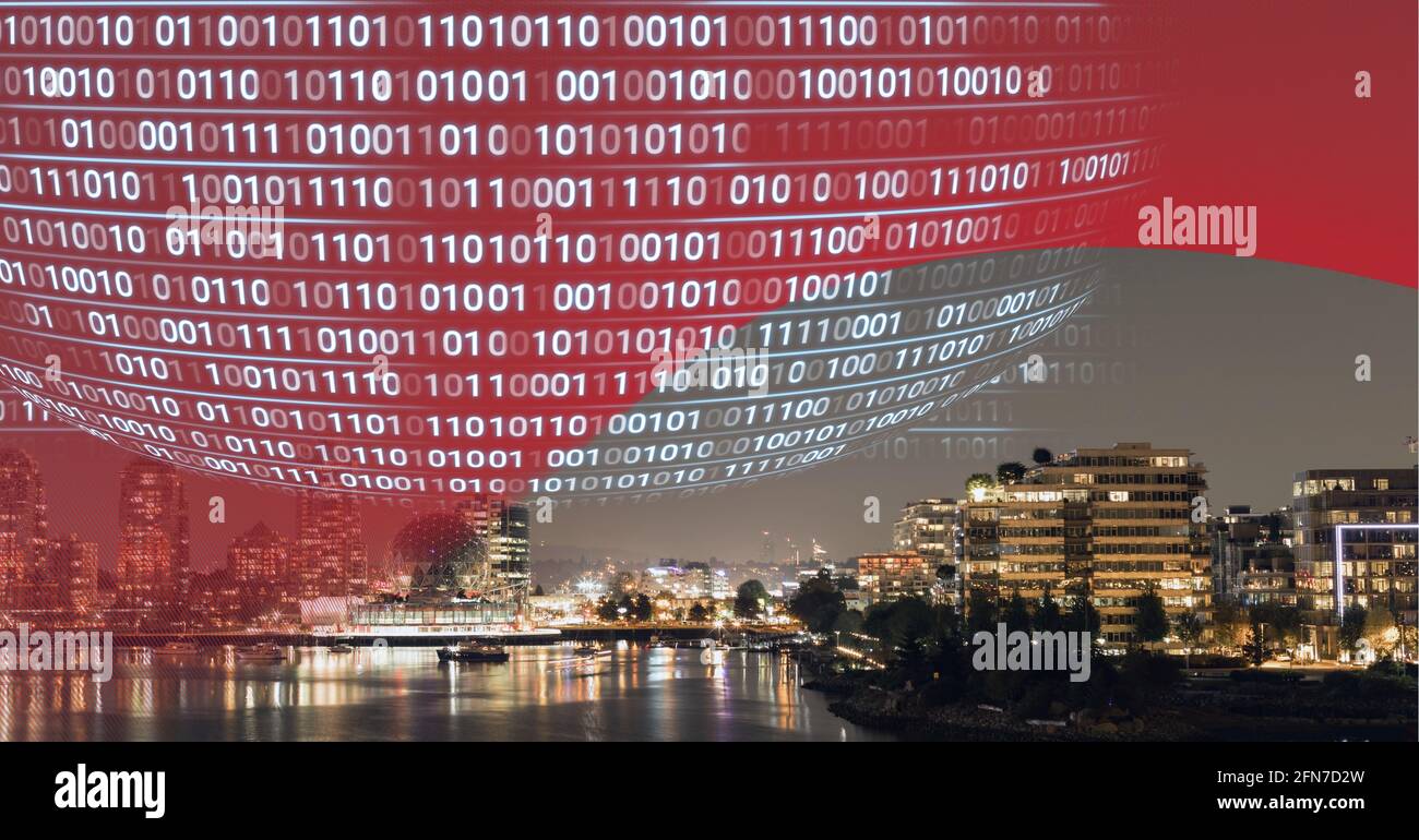 Composition Of Binary Coding With Red Curved Banner Over Cityscape