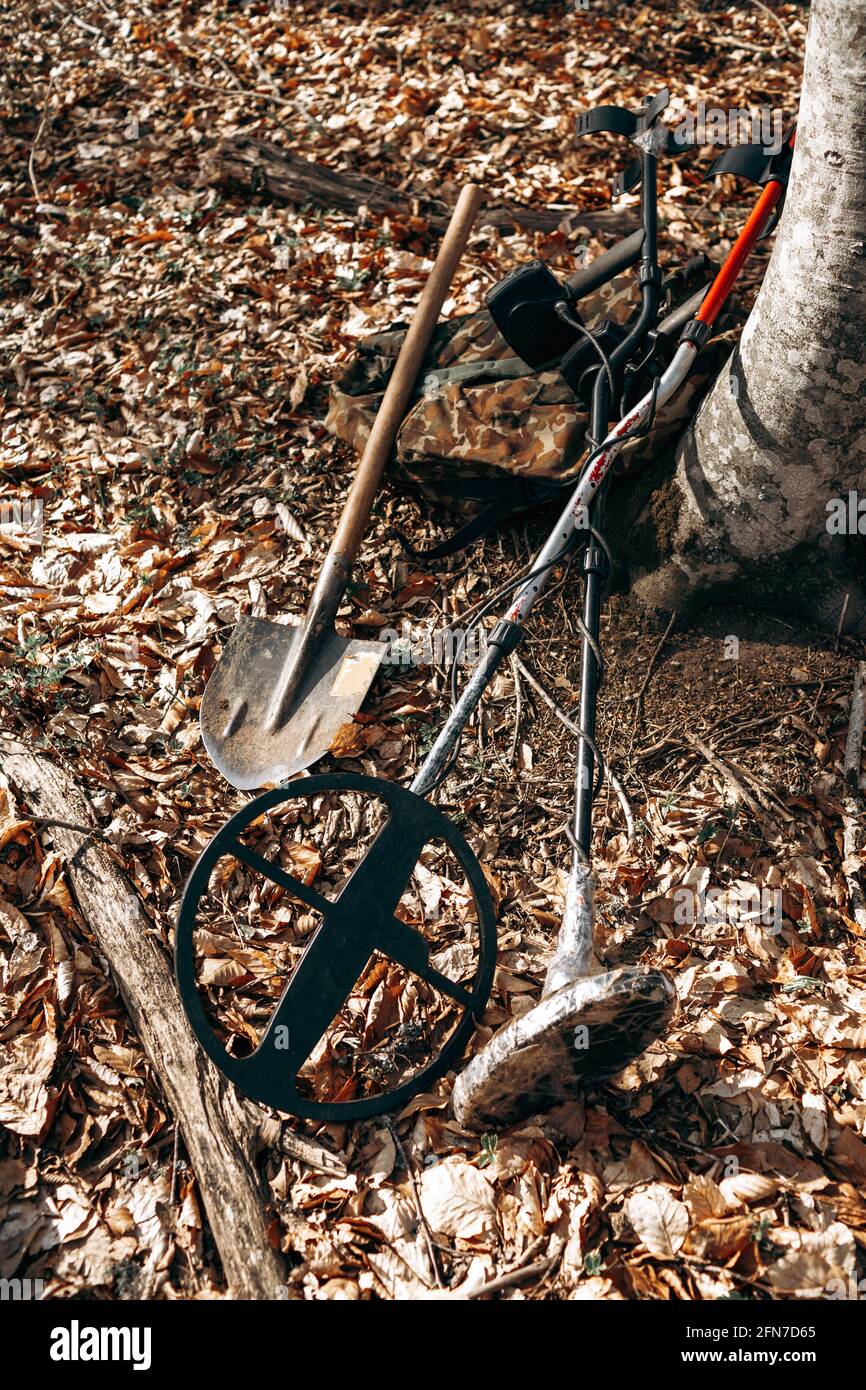 Metal detector device and spade on ground in forest Stock Photo - Alamy