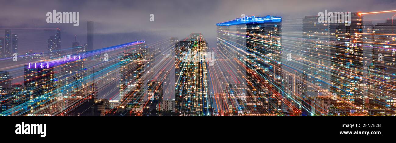 Miami night downtown. Miami skyline at night - panoramic image. City ...