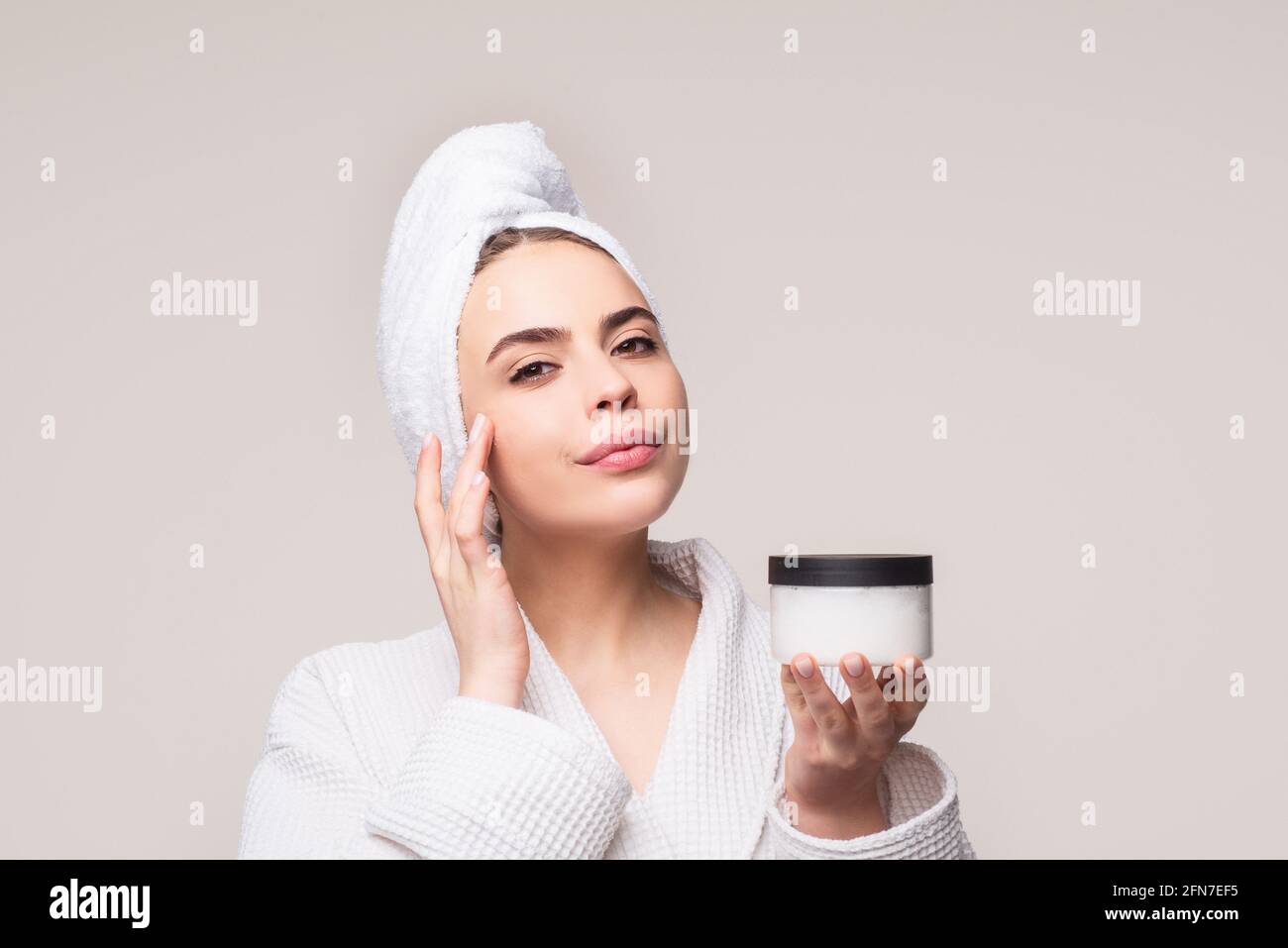 Skin care. Woman with beauty face touching skin. Beautiful smiling ...