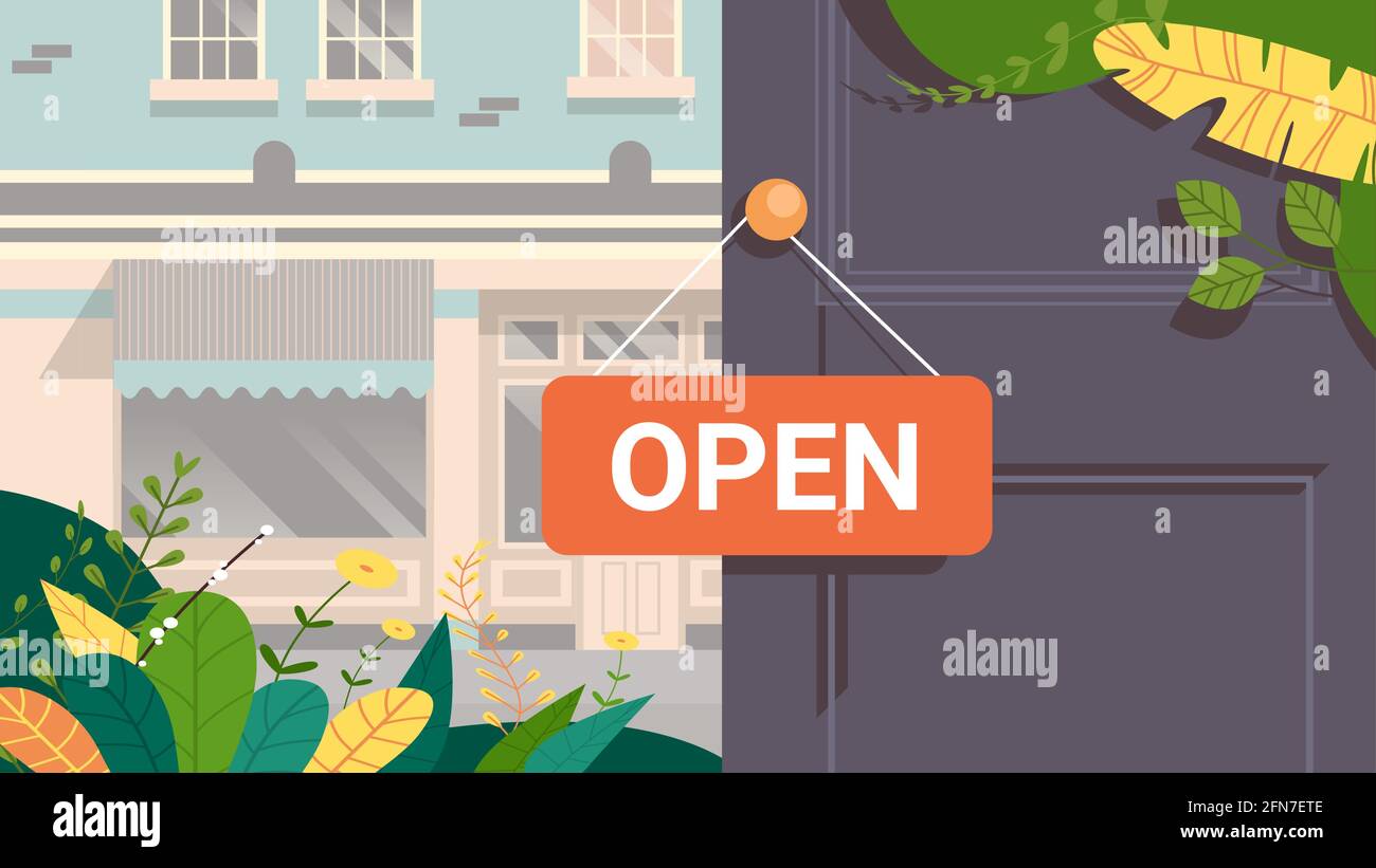 open advertising sign hanging on door store opening concept urban ...