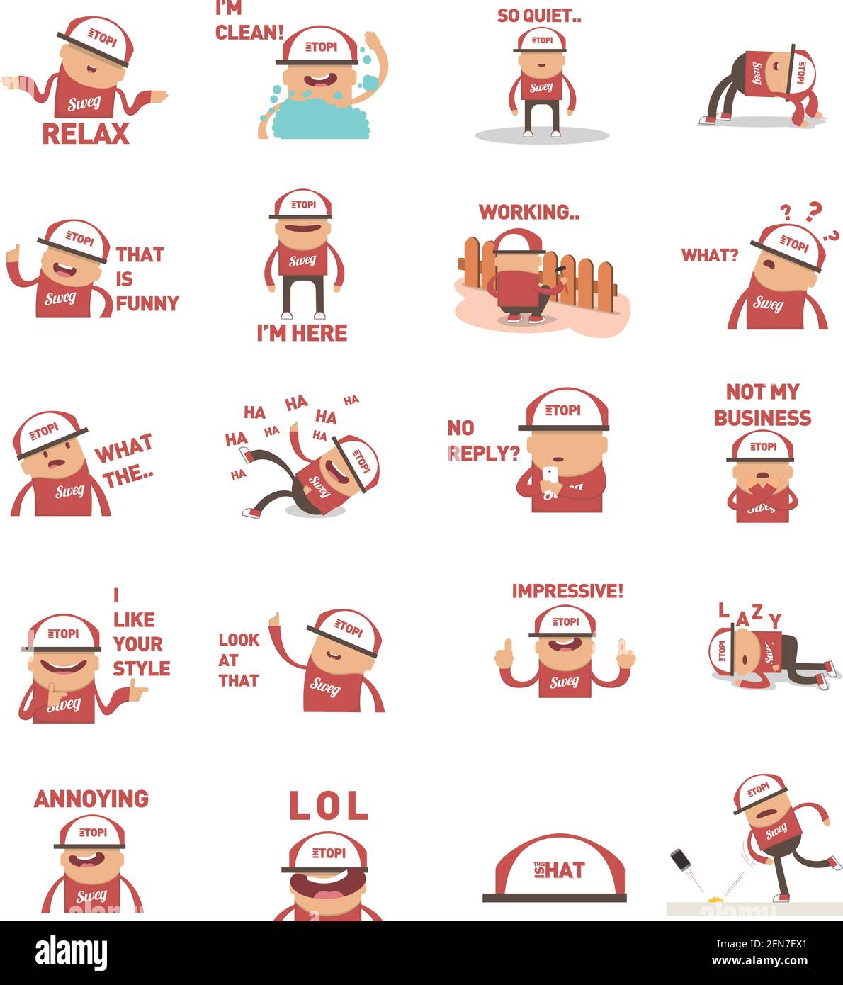 Boy sticker character vector with red clothes, hat and casual style ...