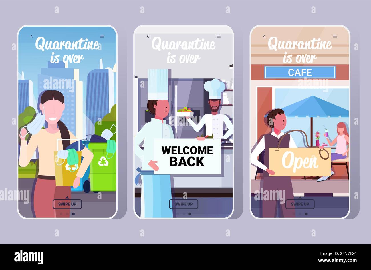 set people holding open sign board coronavirus quarantine is ending ...