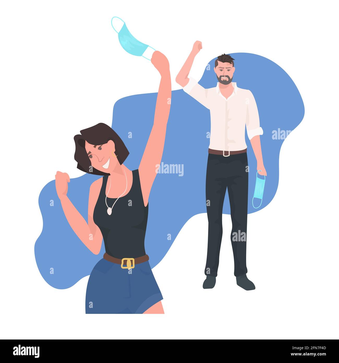 man woman taking off face masks couple celebrating victory over covid ...