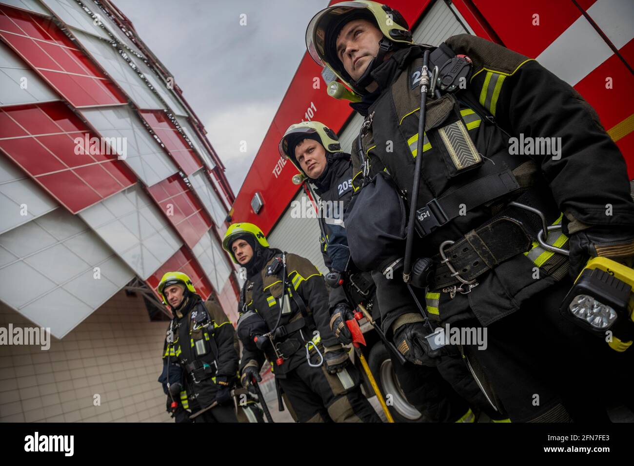 Moscow, Russia. 14th May, 2021. A fire brigade stands in front of a ...