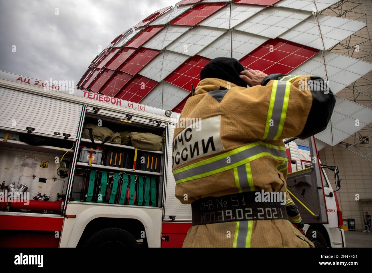 Moscow, Russia. 14th May, 2021. A fire brigade stands in front of a ...