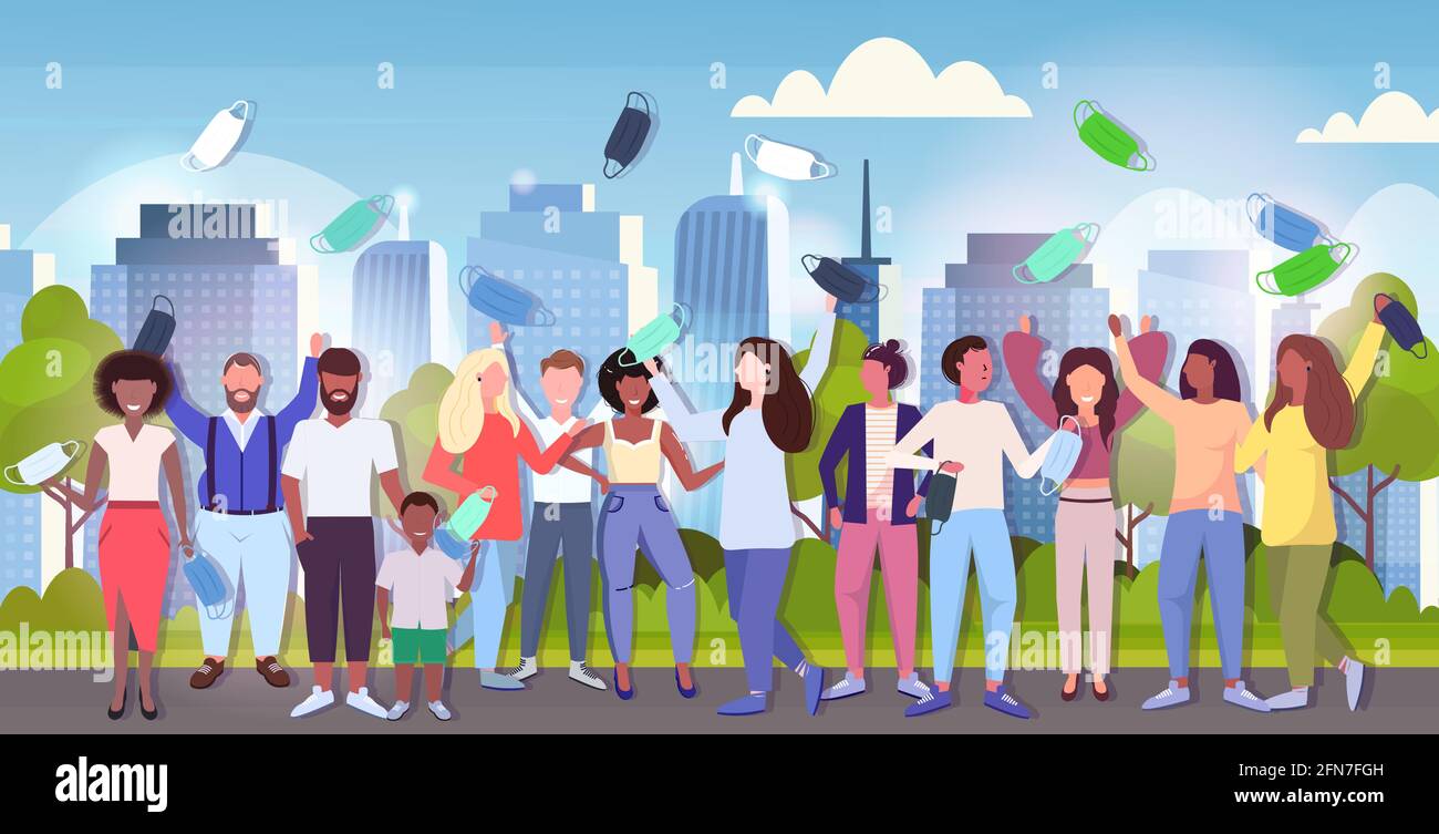 mix race people crowd throwing face masks celebrating victory over ...