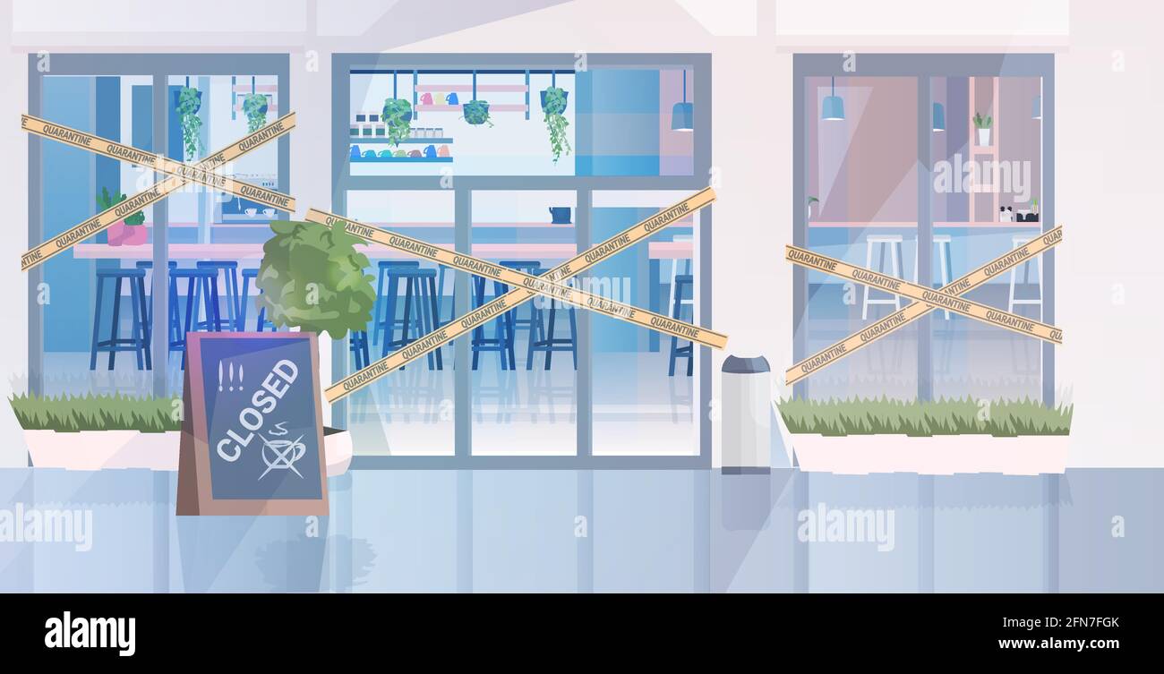 closed cafe building with yellow tape coronavirus pandemic quarantine ...