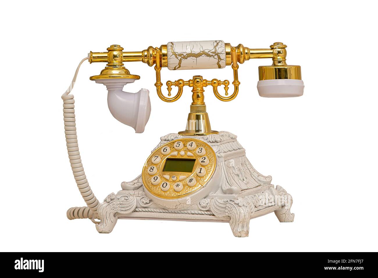 Retro old telephone with receiver and cord on a white background Stock ...