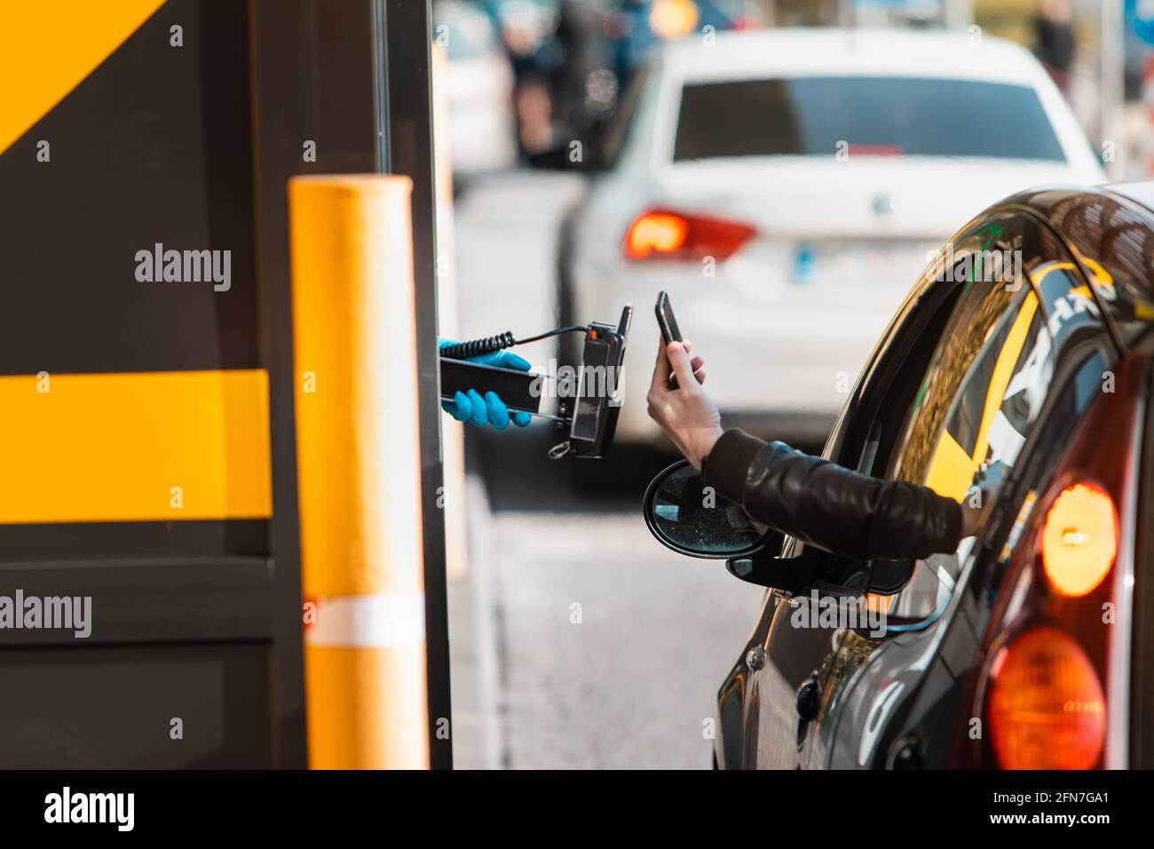 paying for fast food from the car at drive-through close up Stock Photo ...