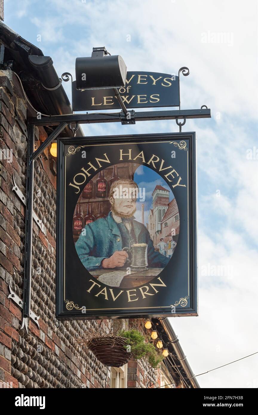 LEWES, EAST SUSSEX, UK - APRIL 29, 2012: Sign outside the John Harvey ...