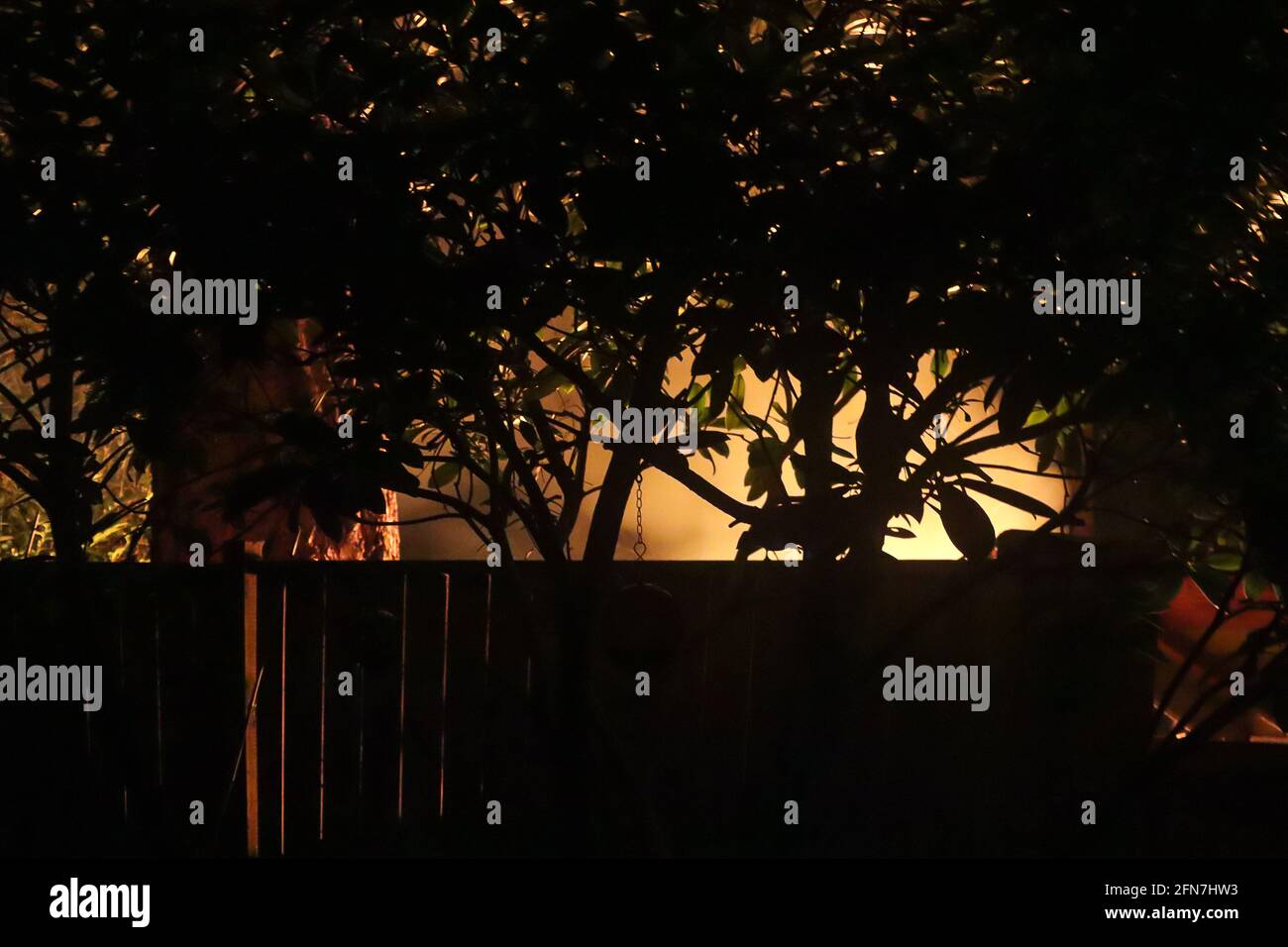 bonfire glowing through the bush and fence Stock Photo - Alamy