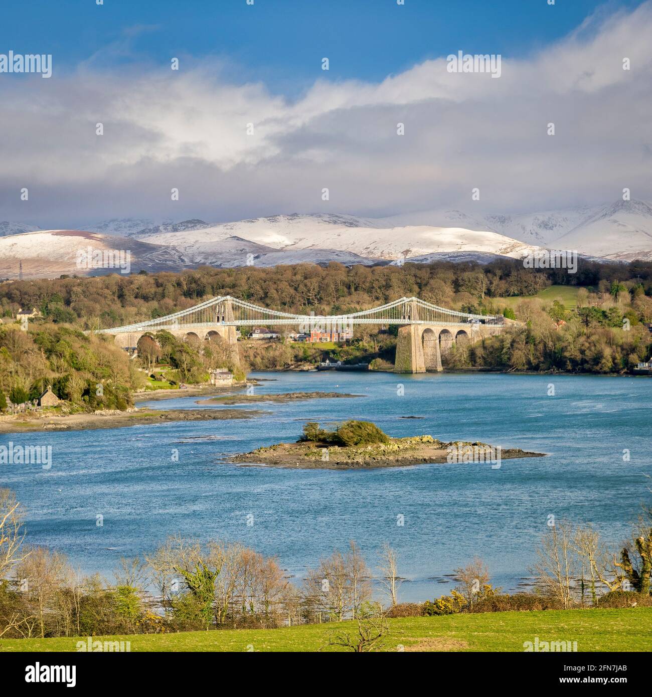 Evening on the Menai Strait and Suspension Bridge, Anglesey, with the ...