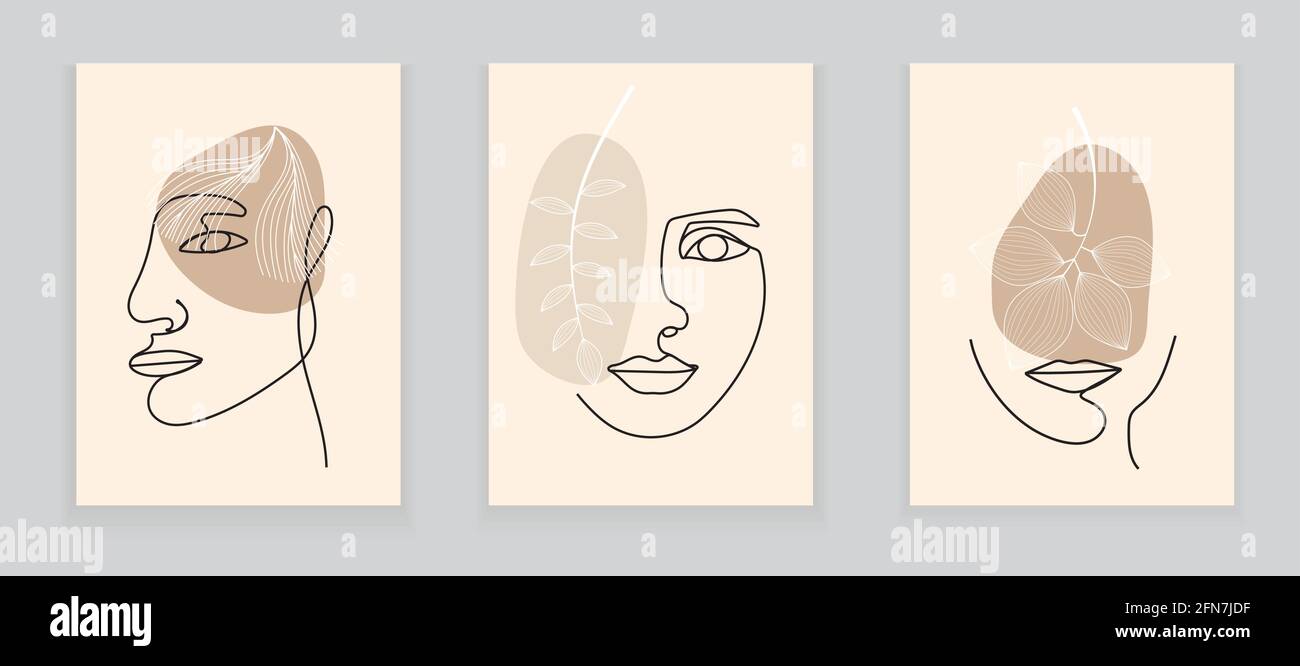 Boho women faces on abstract wall art vector. Surreal portraits set ...