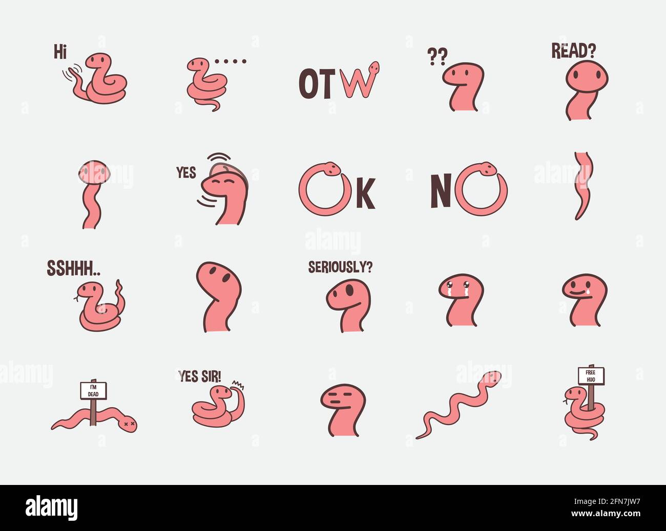 Cute Pink Snake Sticker Character Vector with Multiple Expressions ...