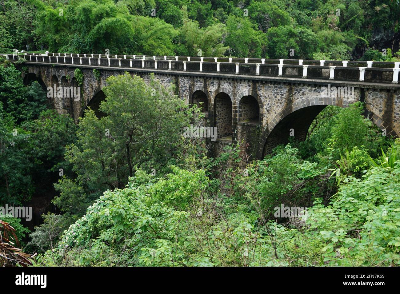 old lava stone bridge in the forest of the tropical islandf of La ...