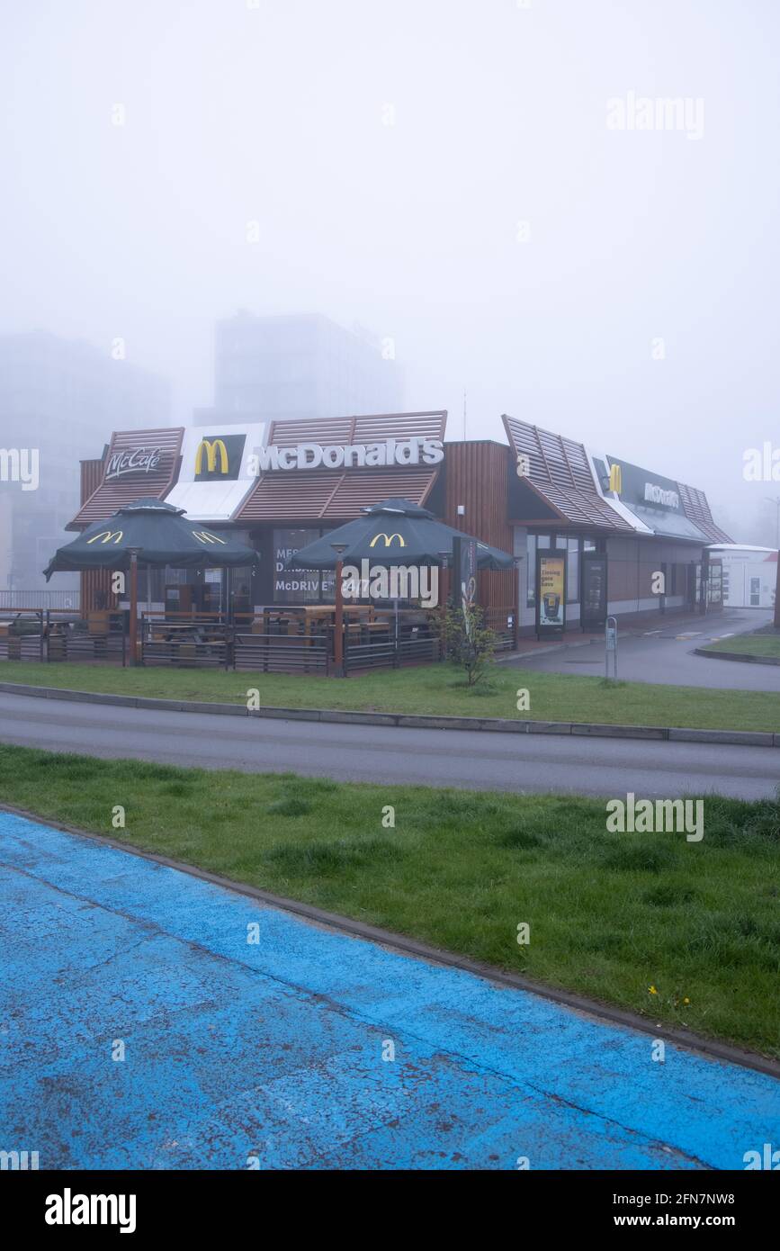 Fast food restaurant McDonalds in the mist, on a rainy foggy day Stock ...