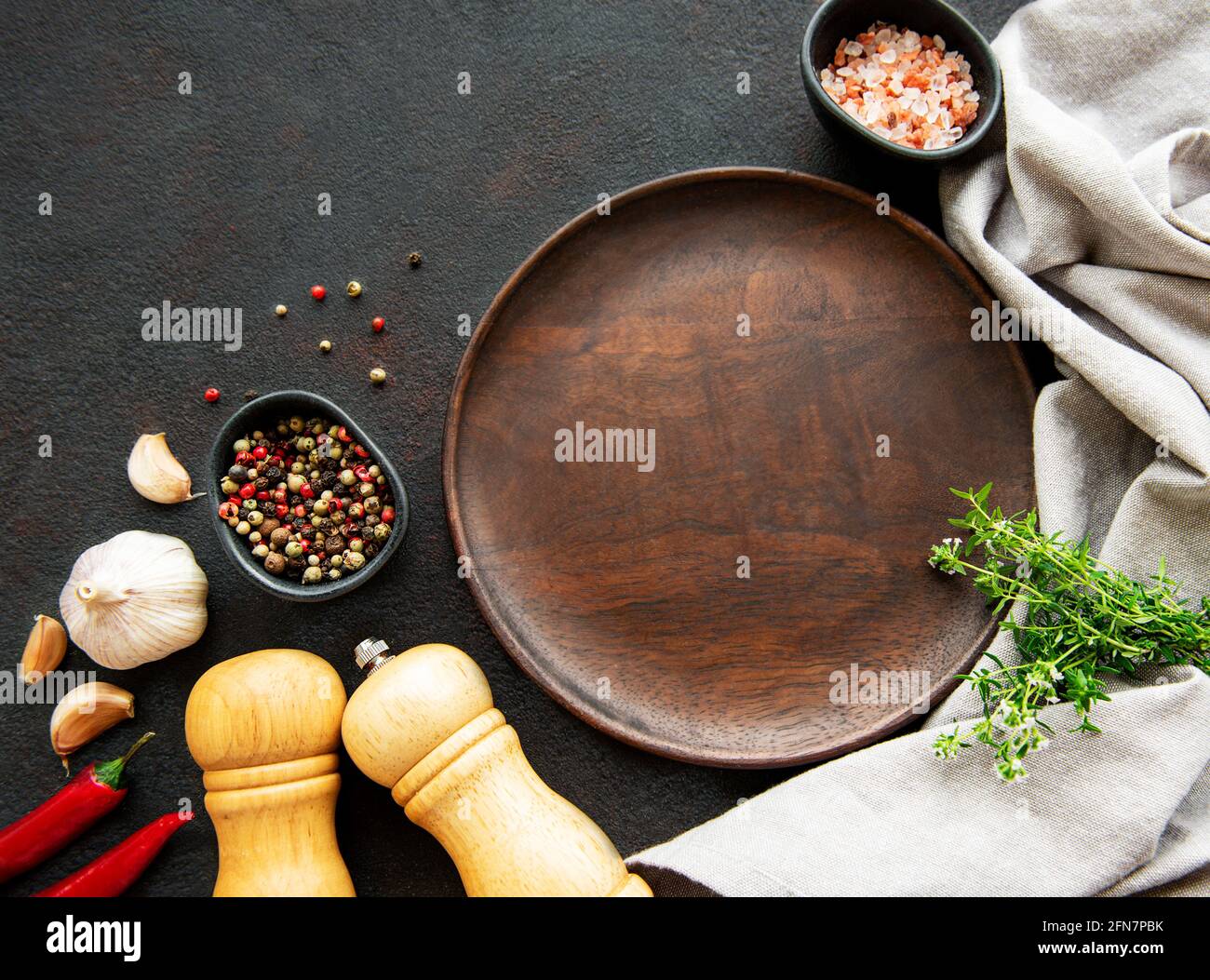 Cooking wooden utensils, empty plate and spices. Food cooking template ...