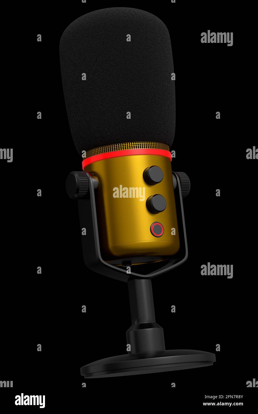 3D rendering of yellow studio condenser microphone isolated on black ...