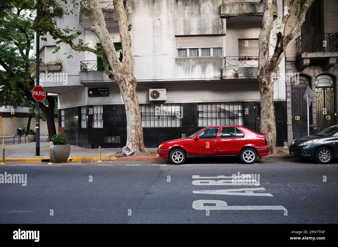 Buenos Aires, Argentina - January, 2020: Red car parked at intersection ...