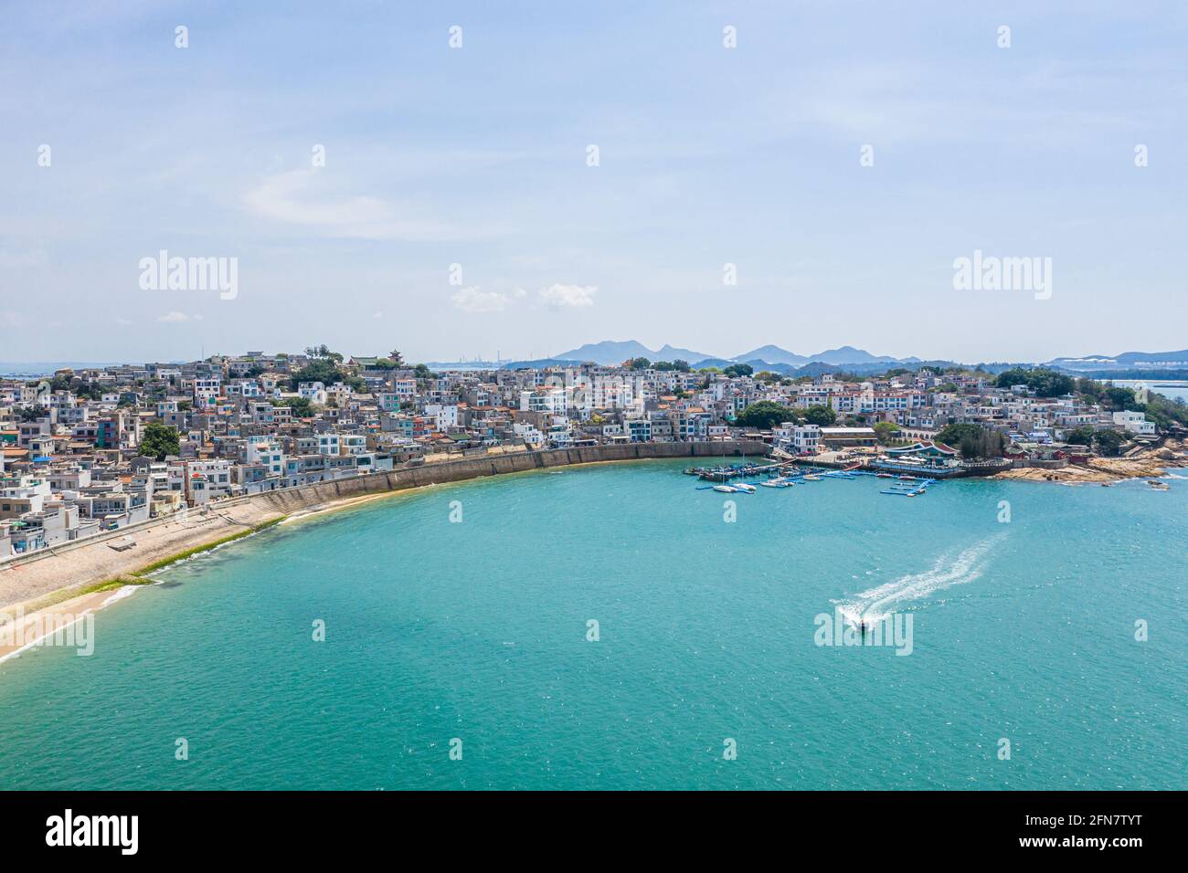 Aerial view of Fujian coastline, fishing village in Dongshan Island ...