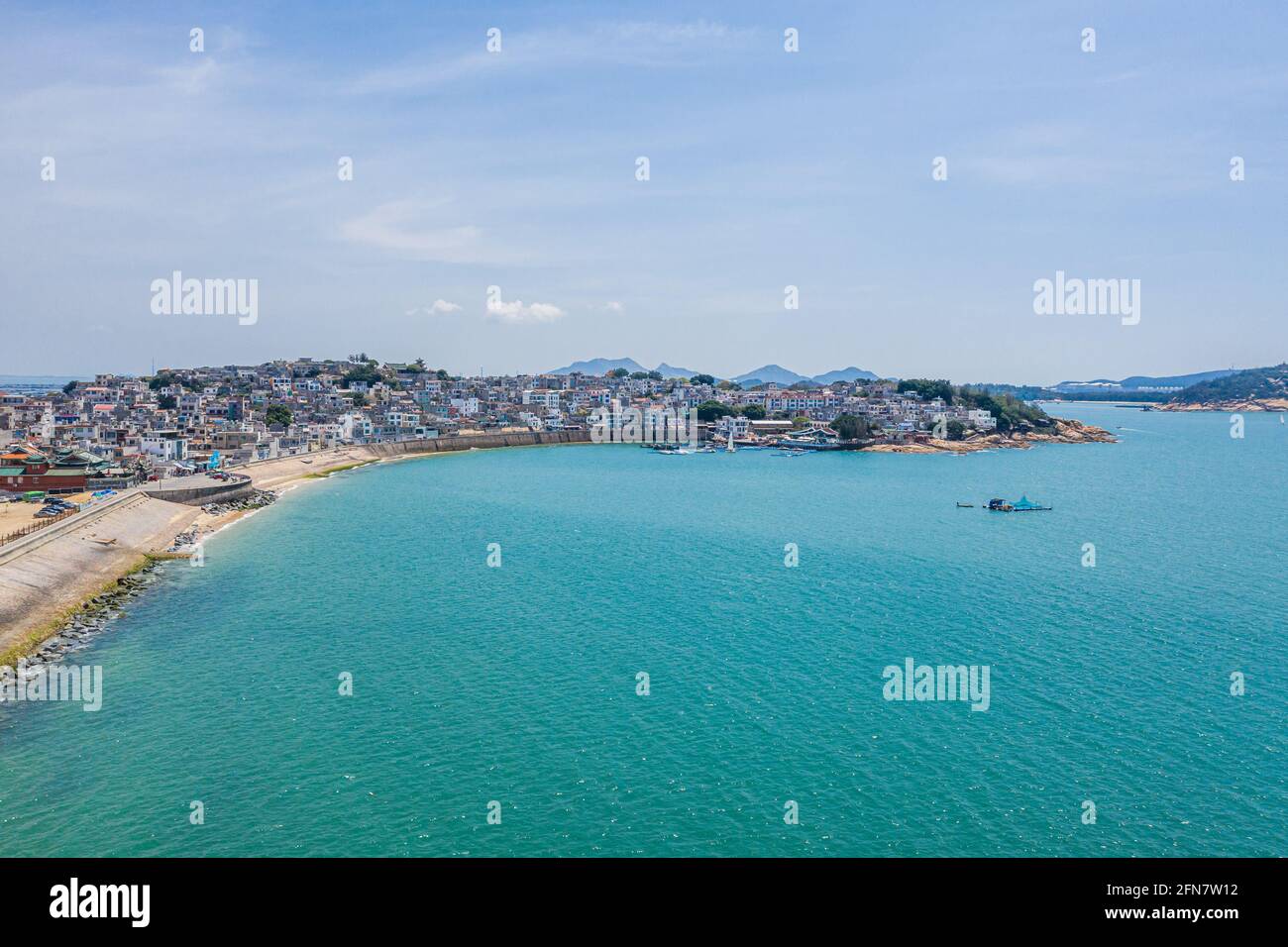 Aerial view of Fujian coastline, fishing village in Dongshan Island ...