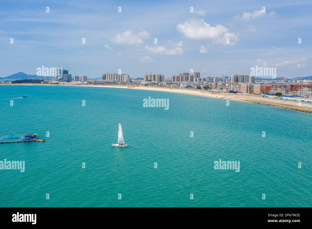 Aerial view of Fujian coastline, fishing village in Dongshan Island ...
