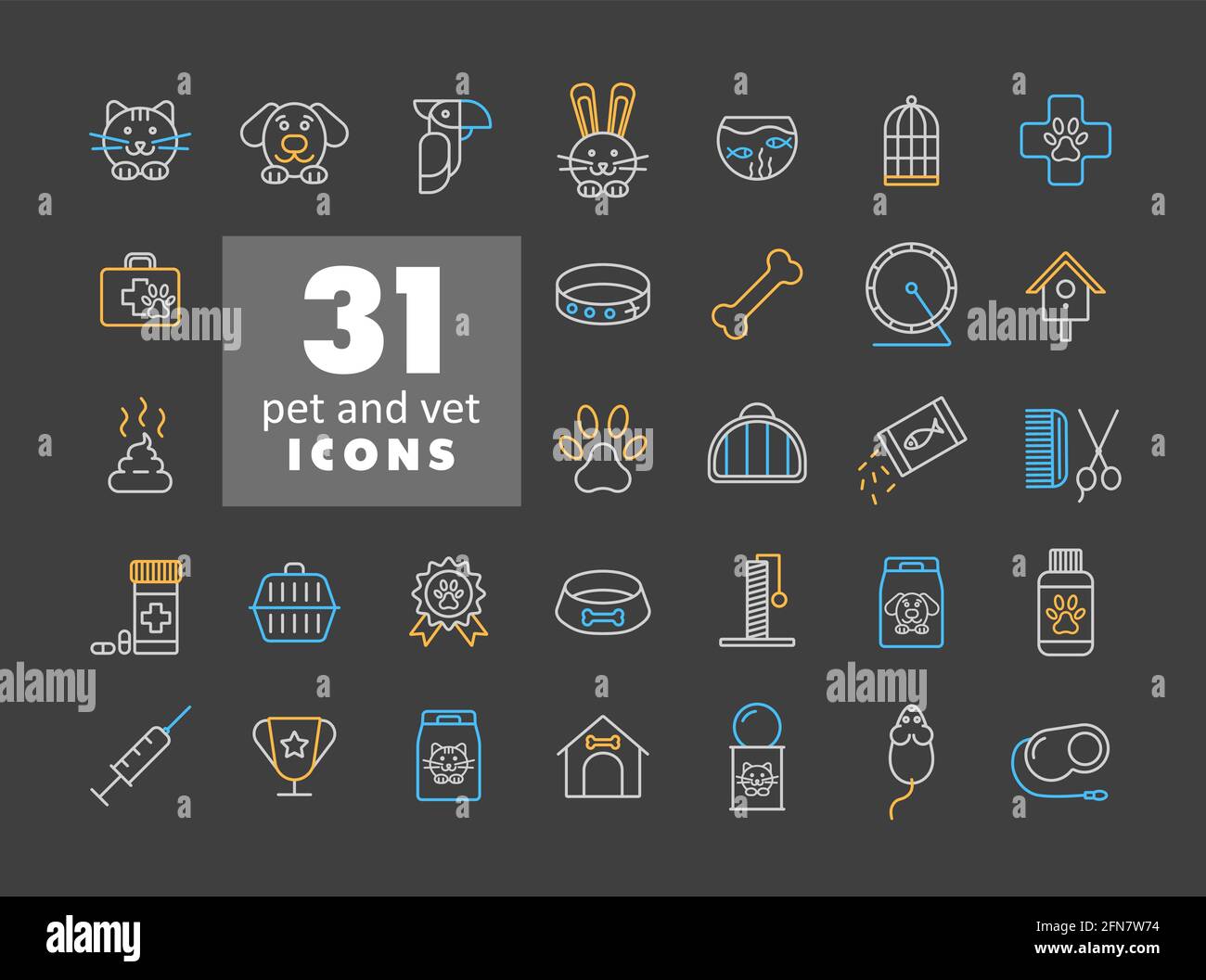 Pet and vet vector icon set on dark background. Graph symbol for pet ...