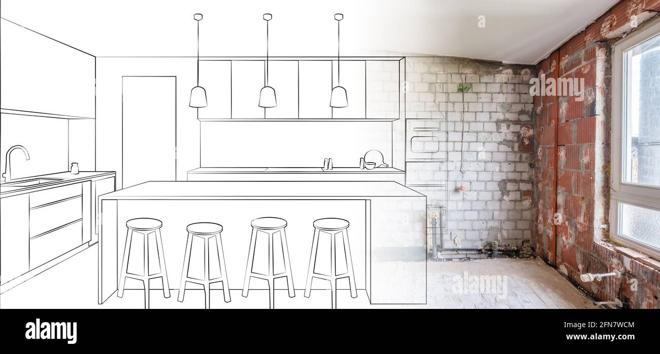 renovation concept drawing of a kitchen plan merge with interior photo ...