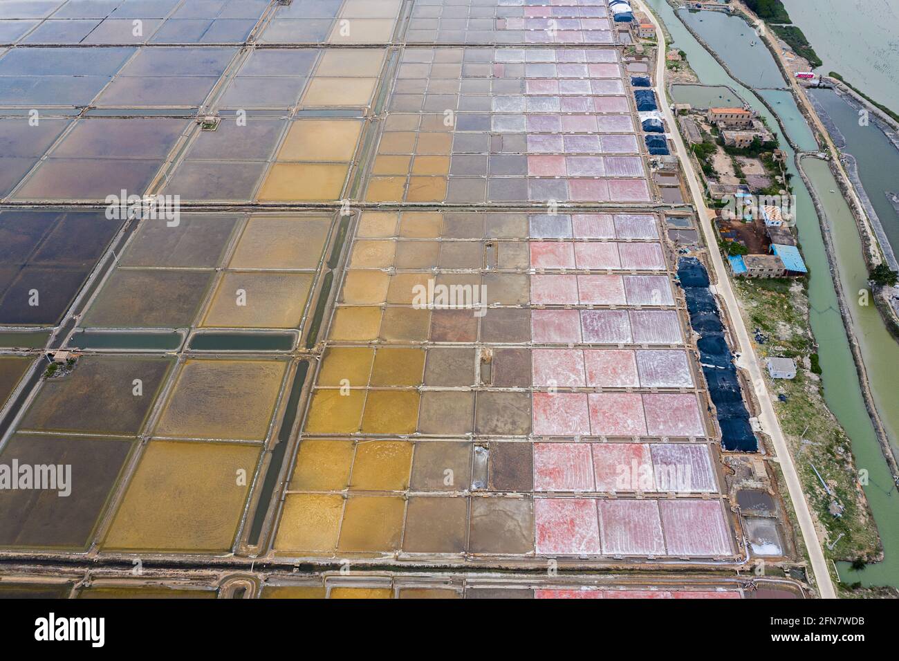 Aerial view of the Zhangpu Saltworks, Colorful Seaside drying salt ...