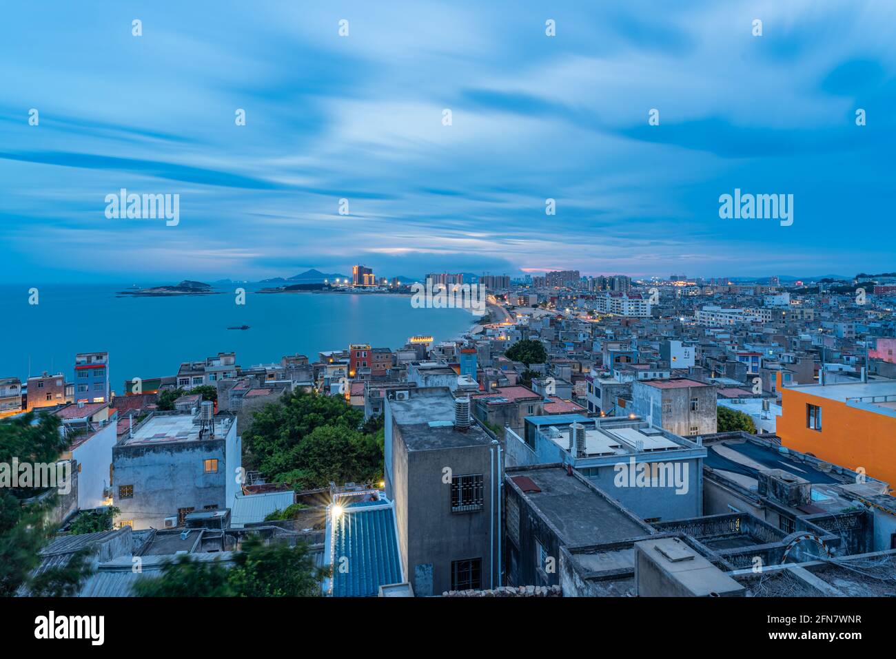 Aerial view of Fujian coastline, fishing village in Dongshan Island ...