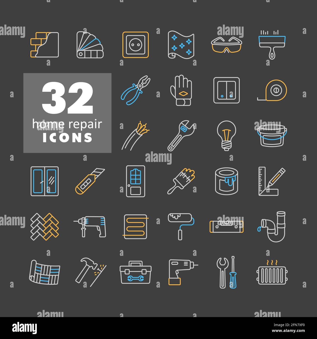 Set of building construction and home repair icons on dark background ...