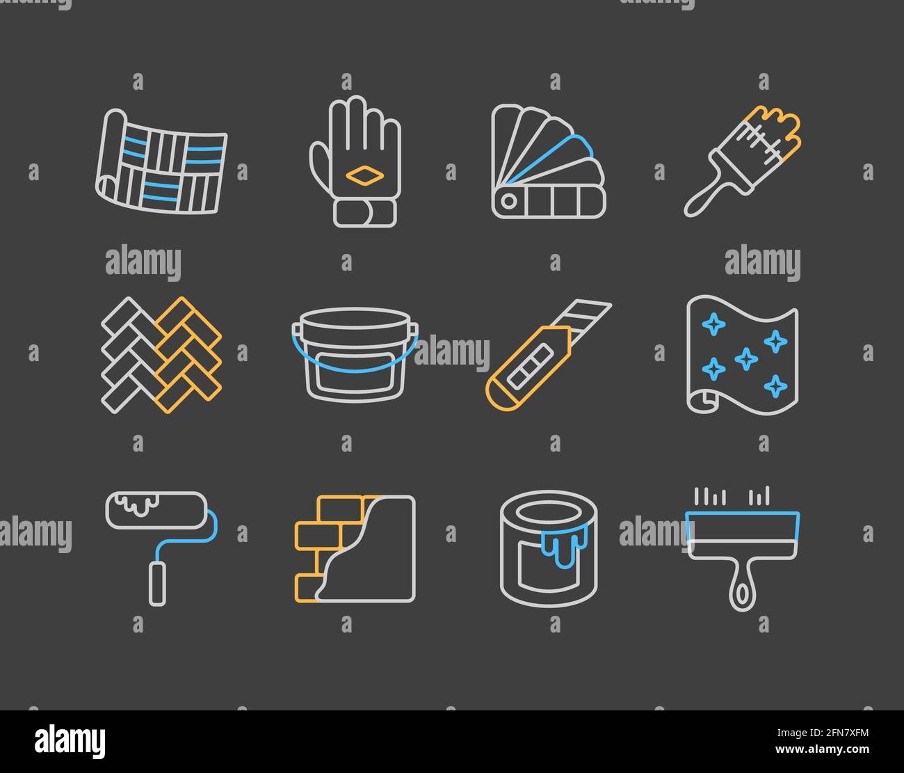Home repair, remodelling, redecoration icon set on dark background ...