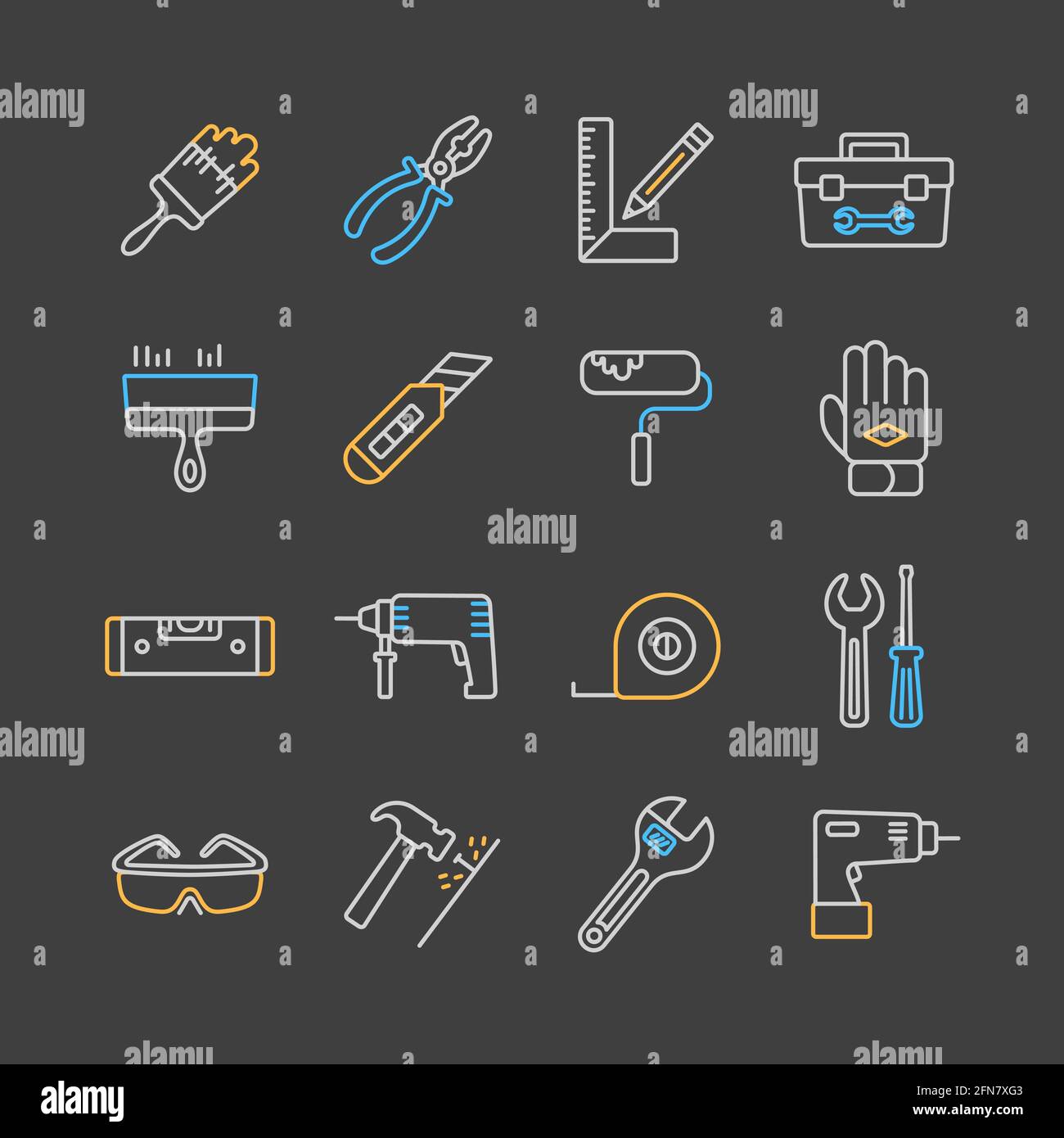 Building, construction and home repair tools icons on dark background ...