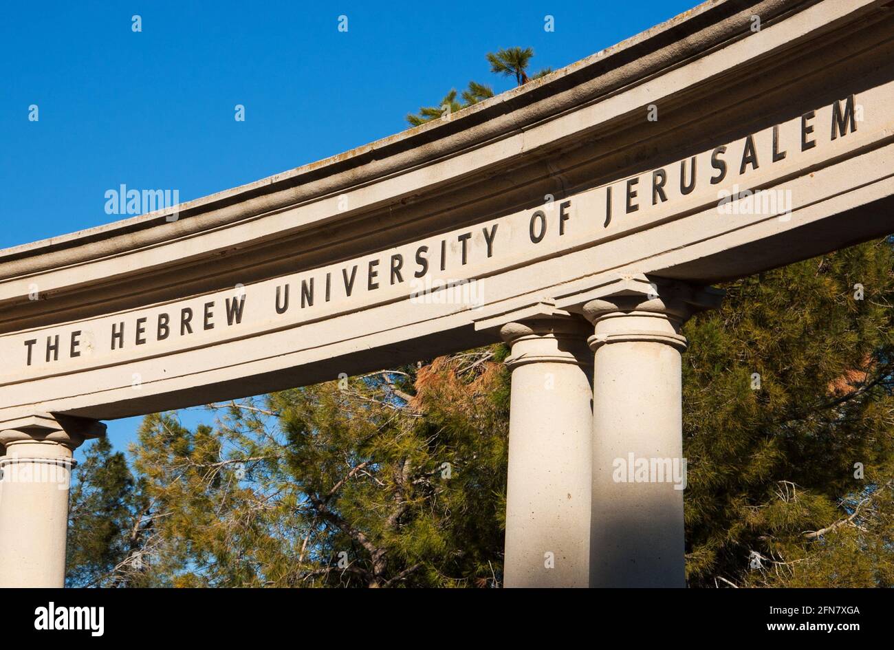 The Hebrew University of Jerusalem sign on the arch of the amphitheater ...