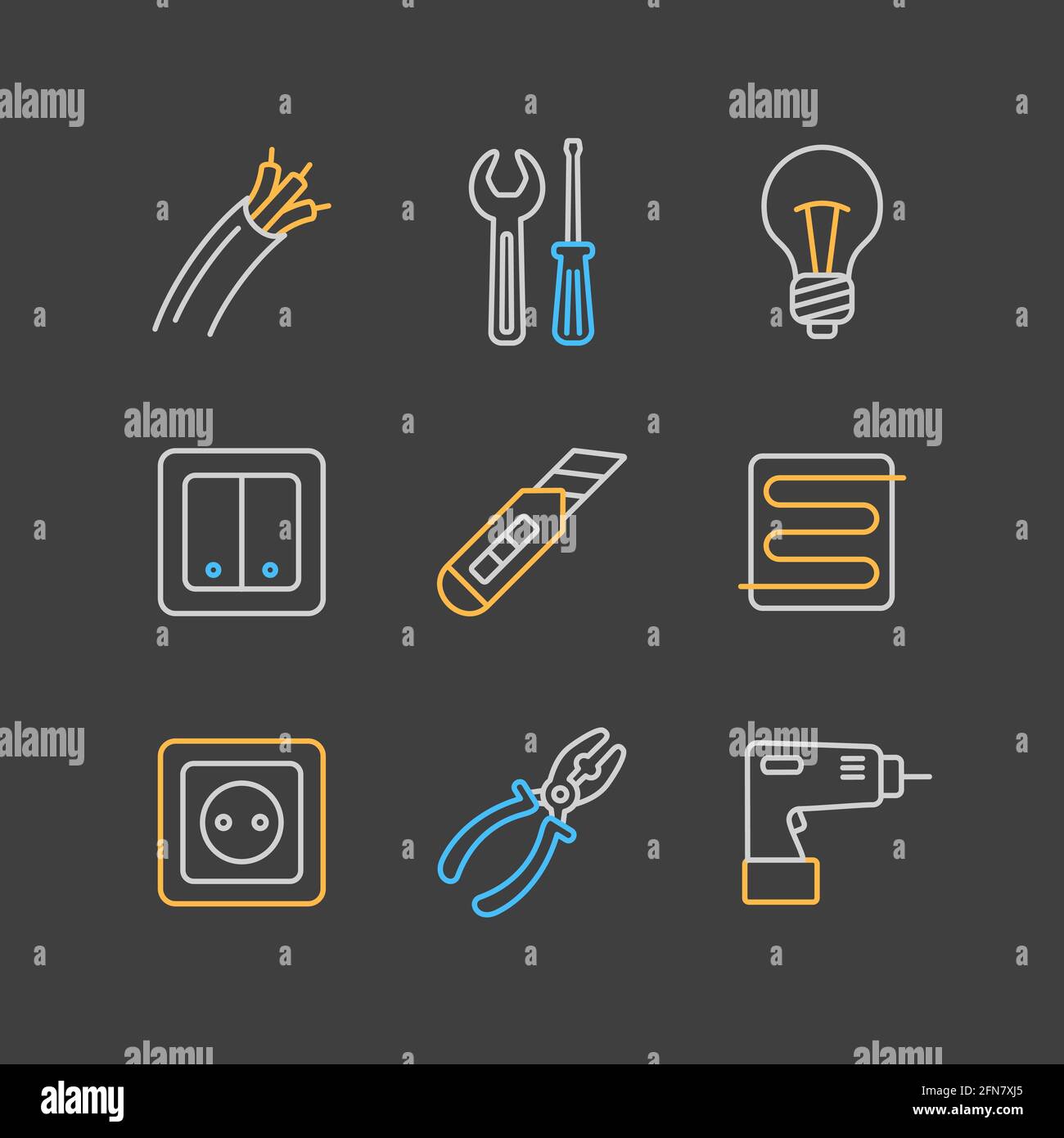 Home repair, electric vector icons set on dark background. Graph symbol ...