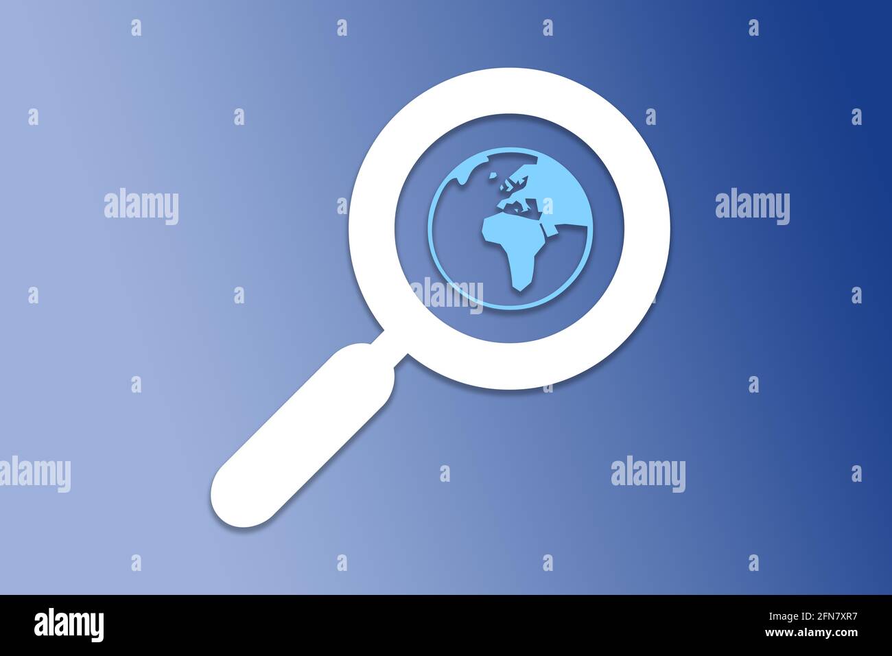Icon of a magnifying glass on a blue background with earth and world ...