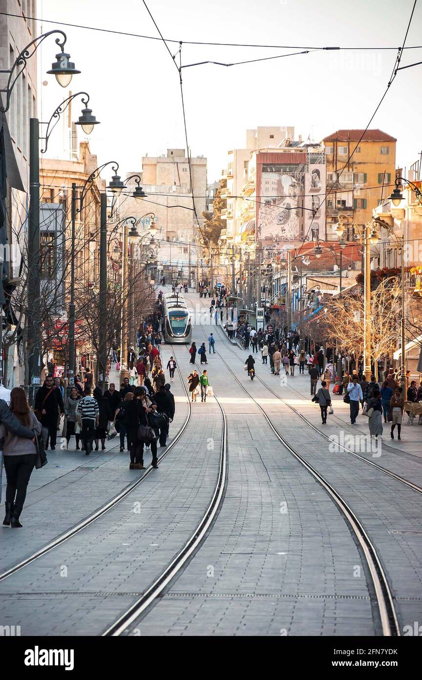 JERUSALEM, ISRAEL - FEBRUARY 19, 2014: Jerusalem Light Rail tram train ...