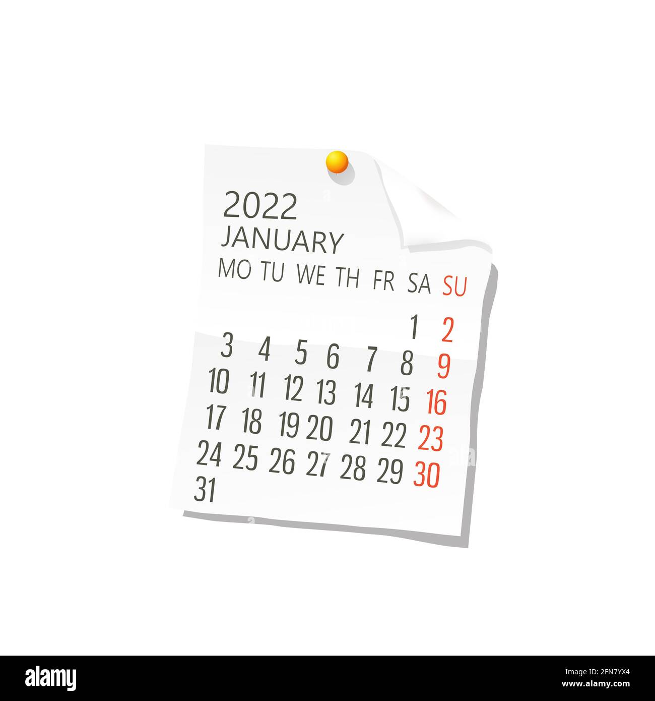 2022 Calendar on white paper, January. Editable vector over white ...