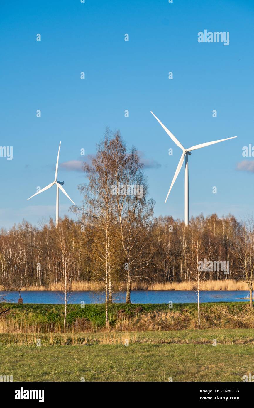 Wind turbines near a forest and lake with clear blue sky on background ...