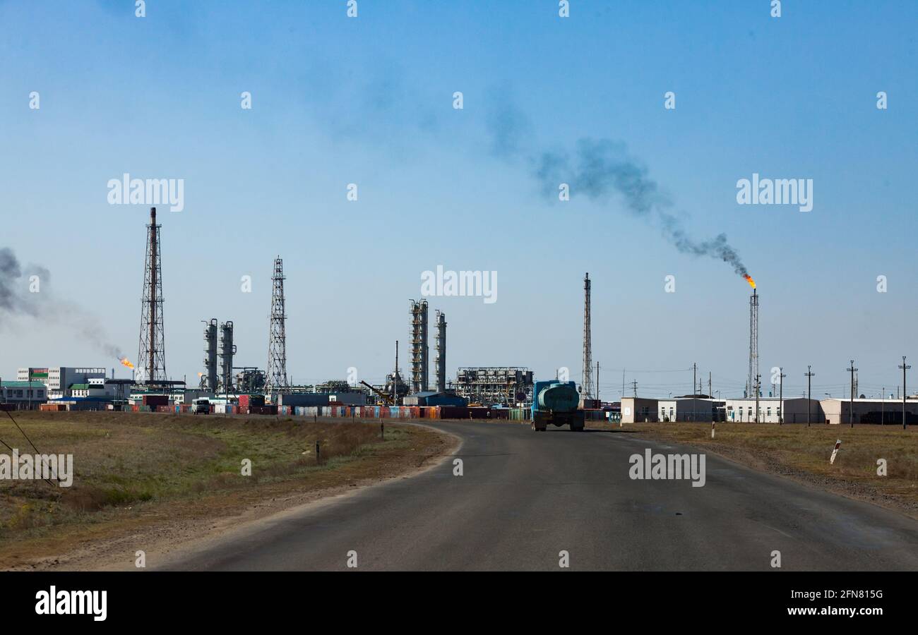 Oil refinery and gas processing plant. View of communication tower ...