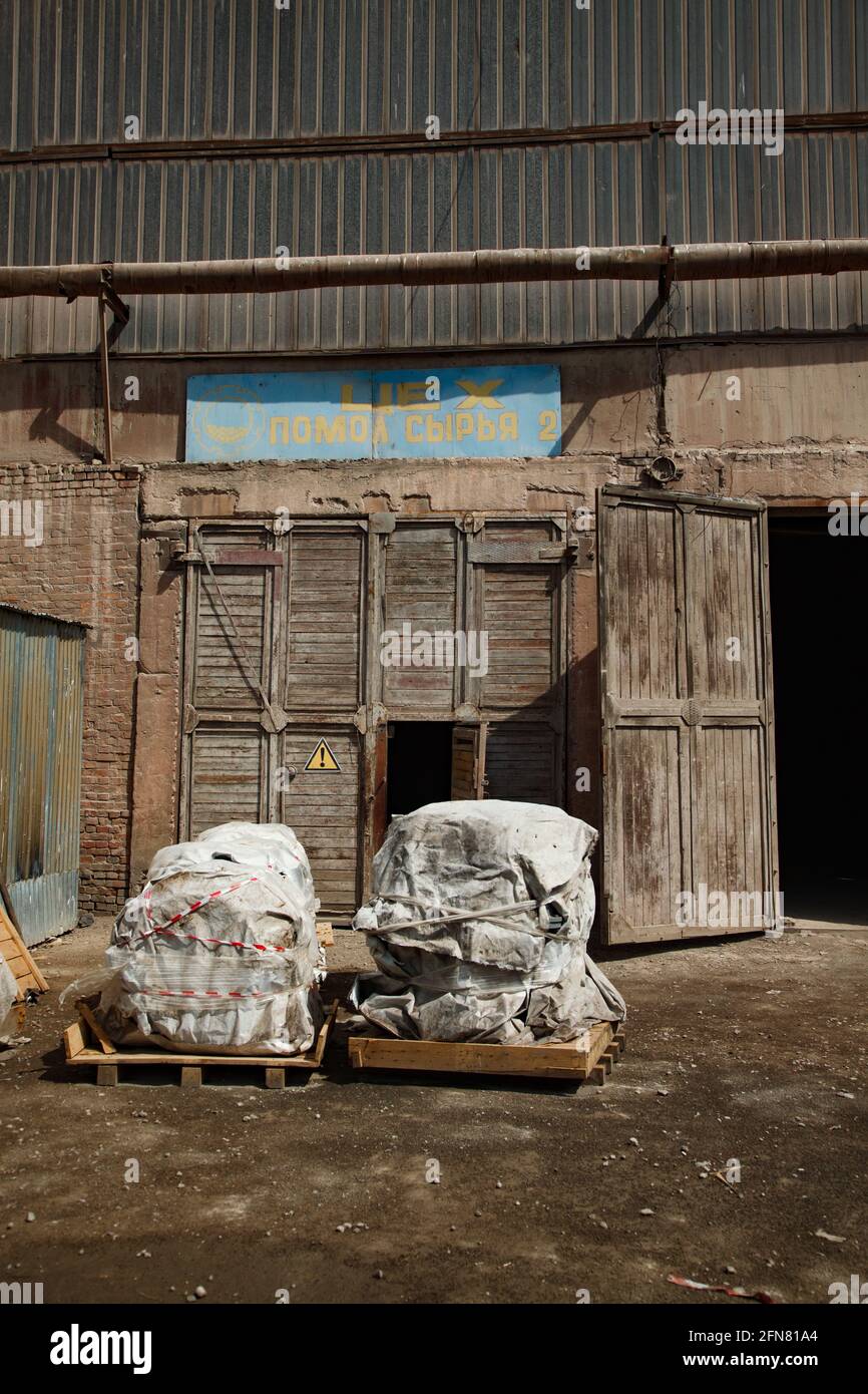 Temirtau,Kazakhstan:Outdated Soviet cement plant building.Old wooden ...