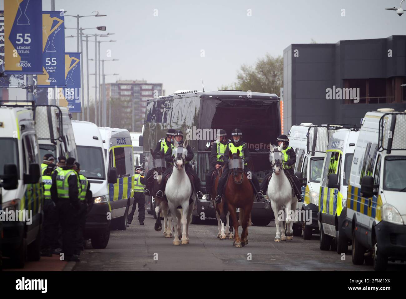The Aberdeen bus arrives for the Scottish Premiership match at Ibrox ...