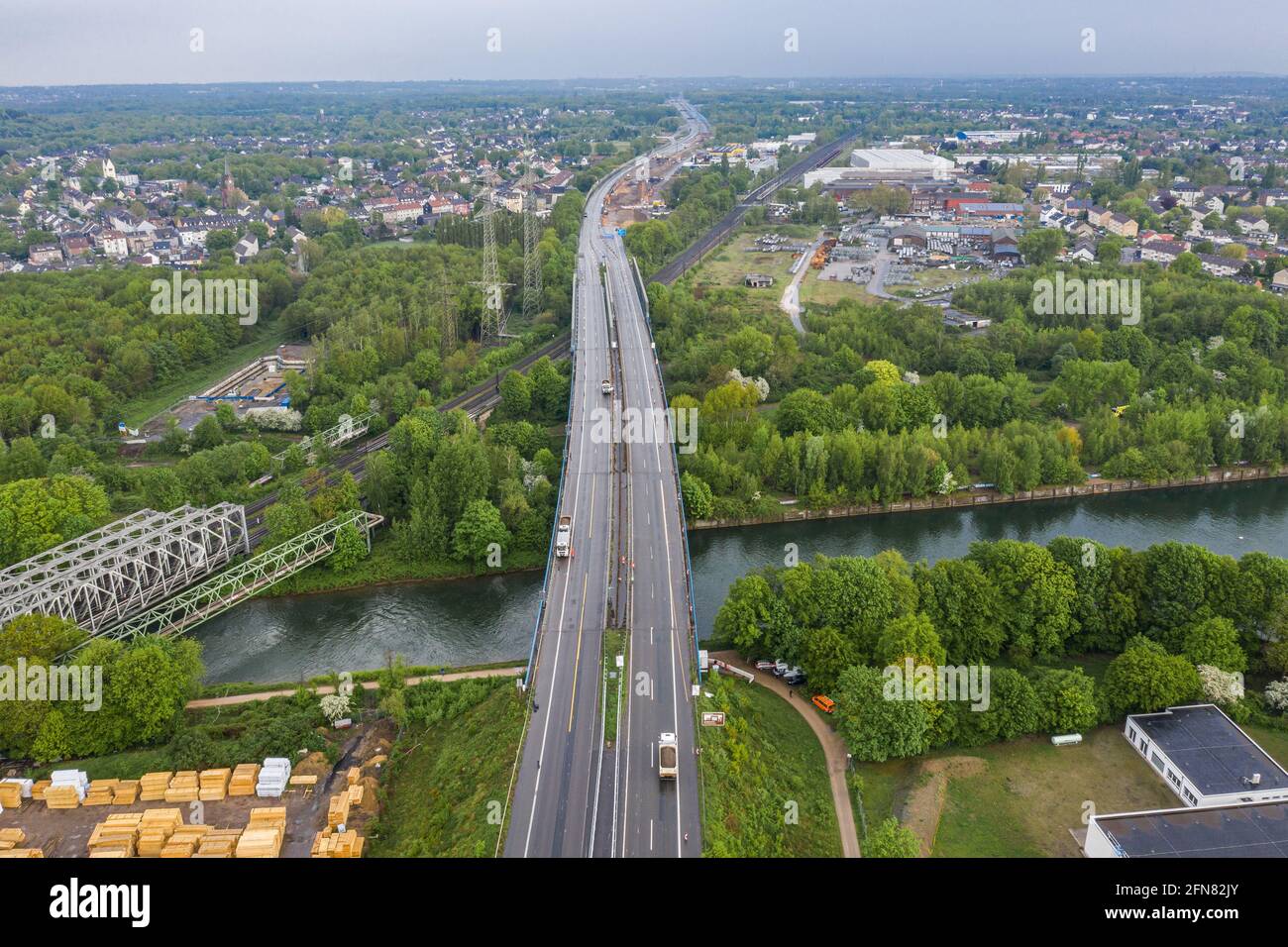 Herne, Germany. 15th May, 2021. Trucks park on the damaged A43 ...