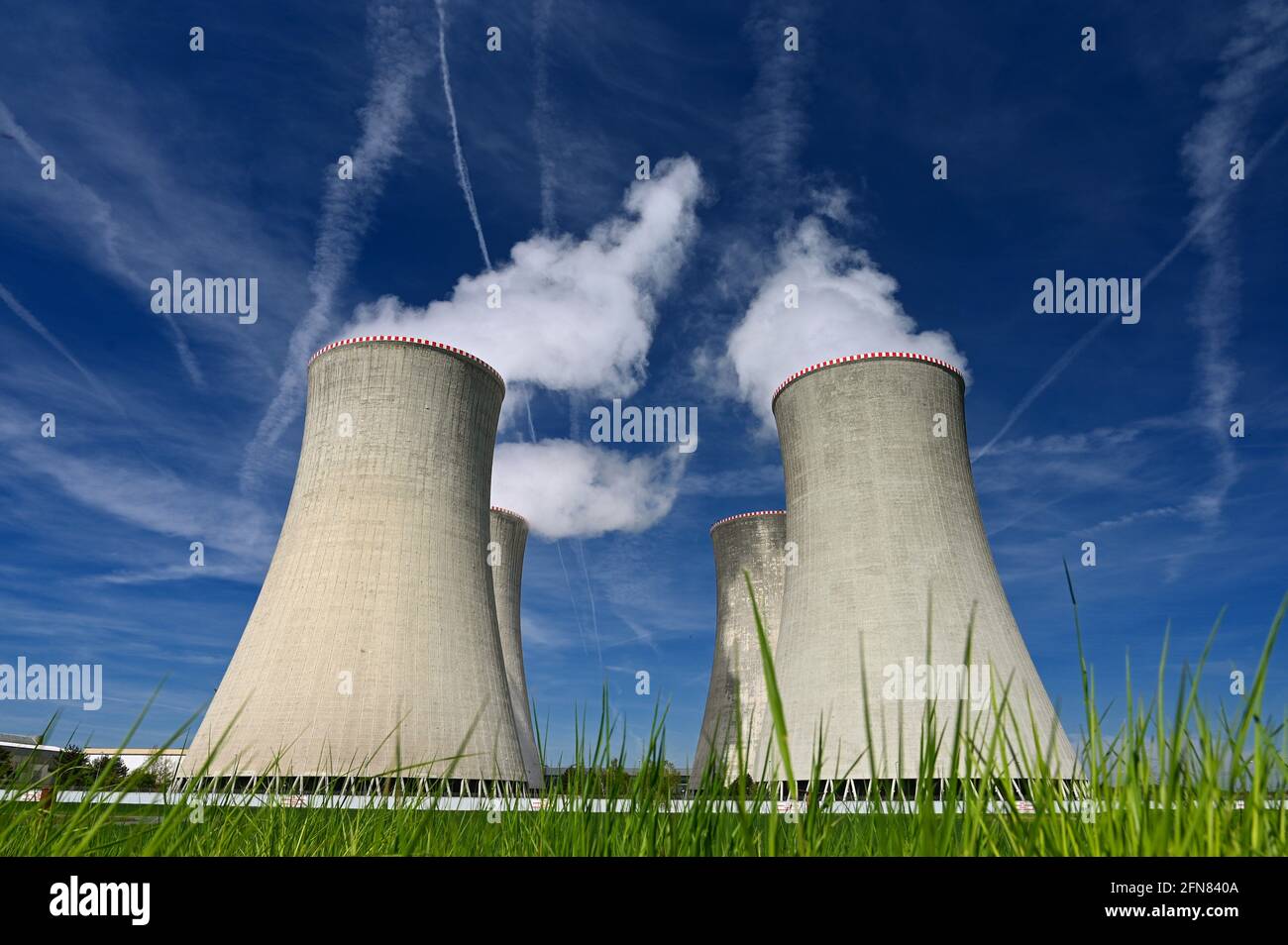 Dukovany Nuclear Power Plant - Czech Republic. Large chimneys with blue ...
