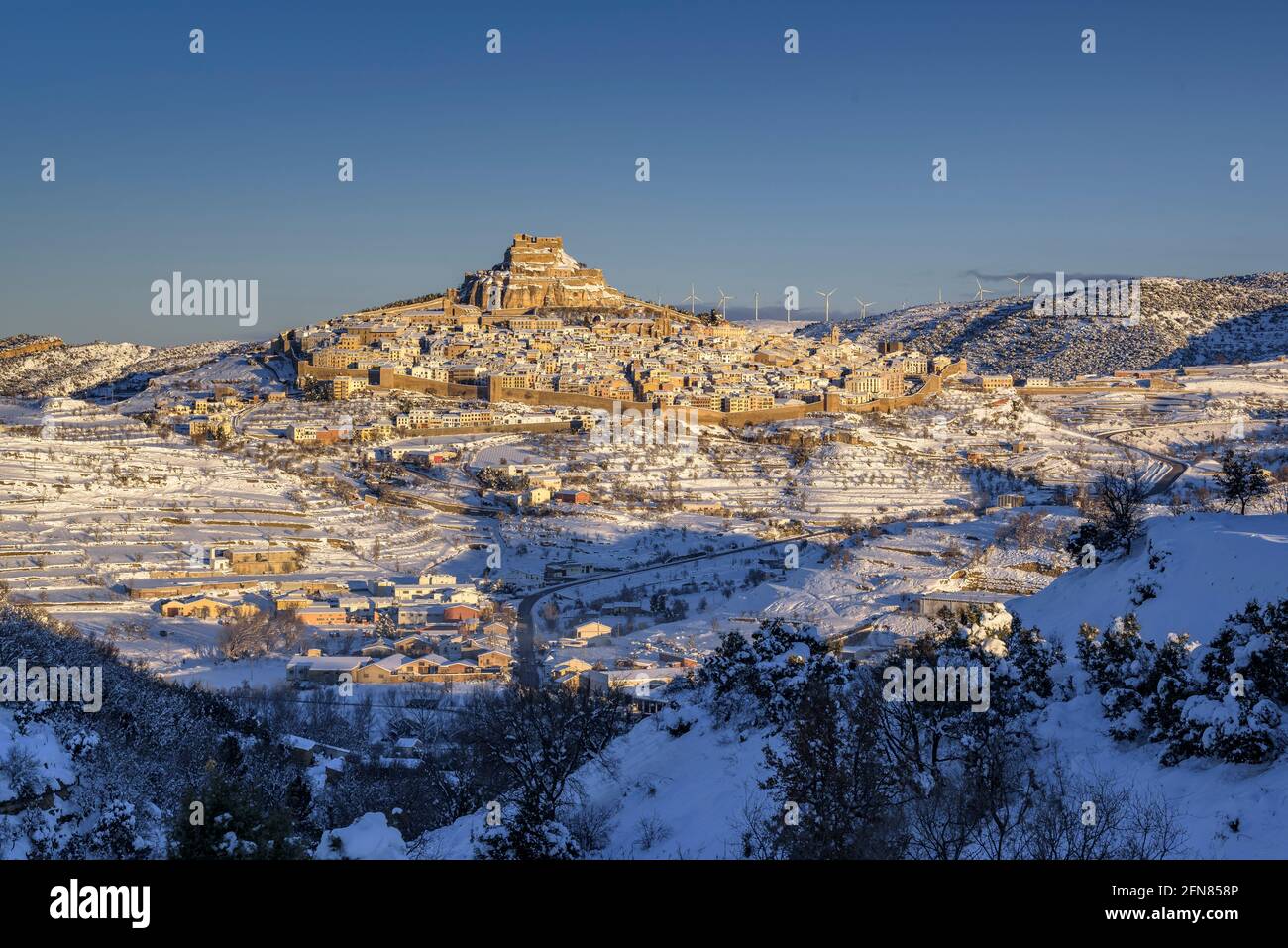 Morella medieval city in a winter sunrise, after a snowfall (Castellón ...